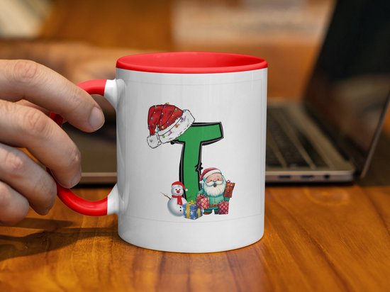 Kerstmok met letter T, santa designs mok, rode binnenkant mok ...