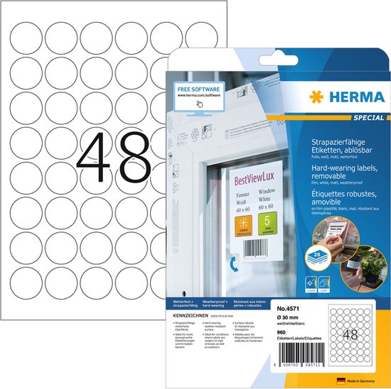Herma hardwearing Labels round 30mm 20sh. DIN A4 wh 960pc. 4571 | bol