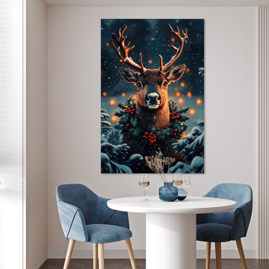 Poster 80x120 cm - Hert - Kerst - Winter - Sneeuw - Kerstkrans ...