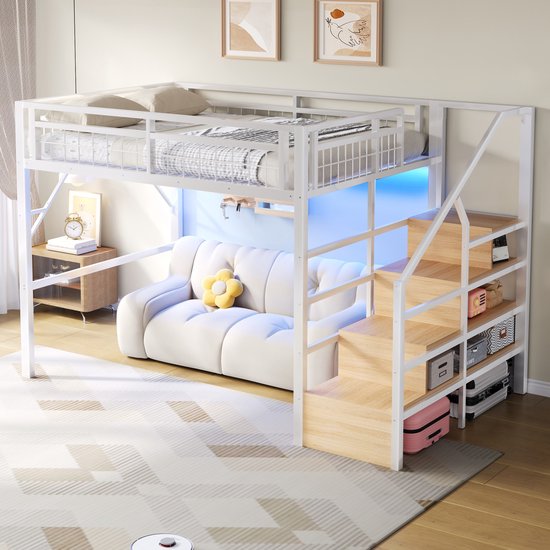 Sweiko Hoogslaper - 140 x 200 cm - Metalen frame - LED-verlichting ...
