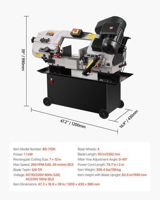 Metalen horizontale lintzaag 1,1 kW, 7 x 12 inch capaciteit, 4 ...