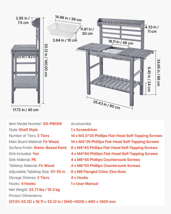 VEVOR Planttafel, Tuintafel, Werktafel met Spoelbak, Verstelbaar Houten ...