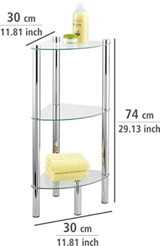 Hoekplank met 3 Glazen Planken - Badkameropbergplank, RVS, 30 x 74 x 30 ...