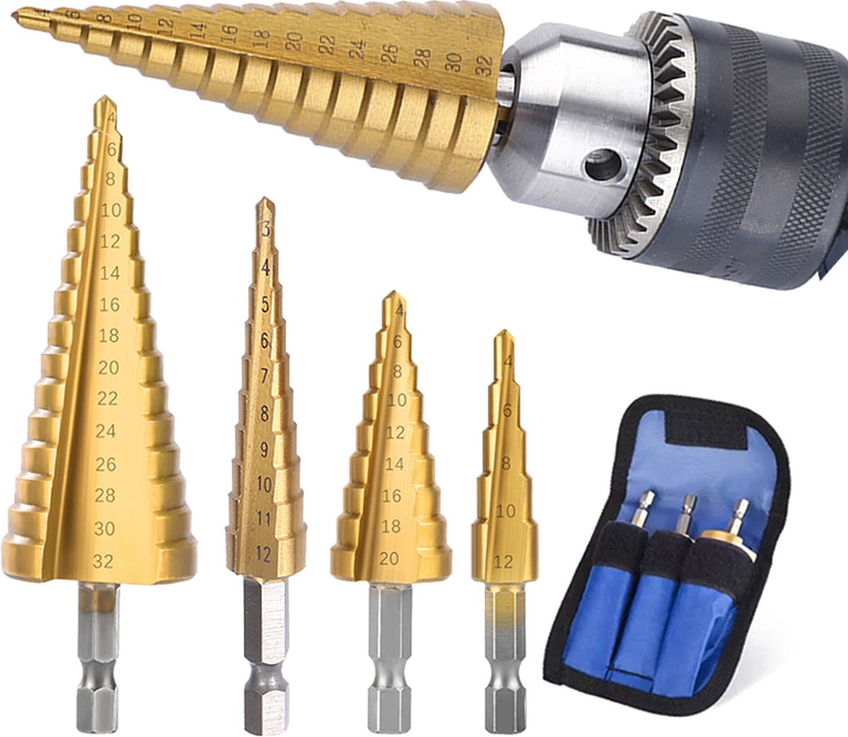 Stapboren set - 3 stuks - HSS - Titanium Coated - 3-12mm 4-12mm 4-20mm ...