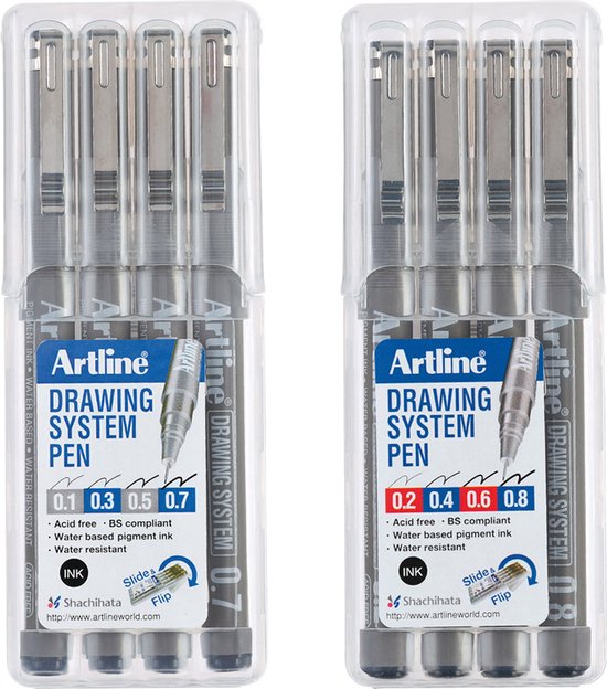 ARTLINE Fineliners Kit - 2 Sets van 4 stuks - 1 tot 8mm Lijndikte ...
