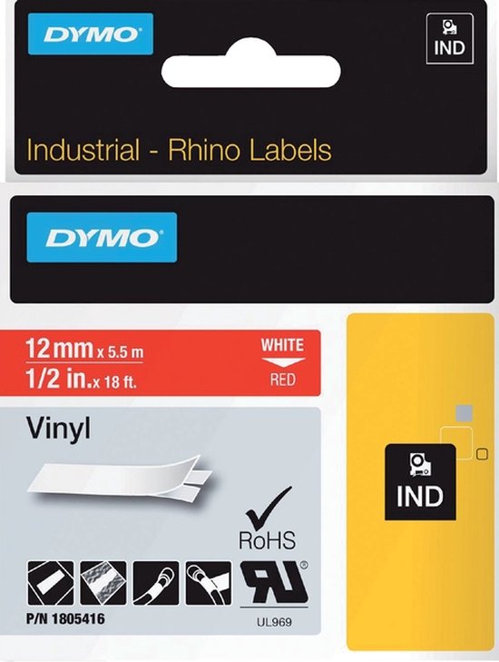 DYMO Rhino industriële Vinyl Labels | 12 mm x 5,5 m | witte afdruk op ...