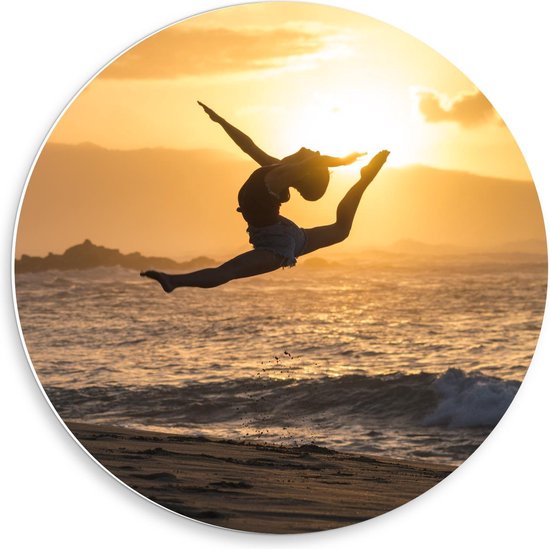 Forex Wandcirkel - Silhouet van Sierlijk Springende Vrouw - 50x50cm ...