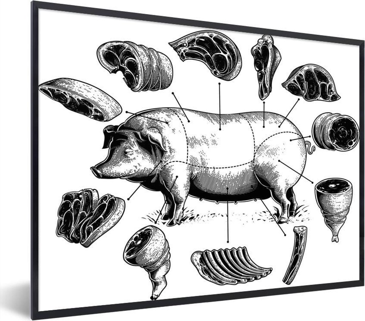 Fotolijst incl. Poster - tekening van verschillende stukken vlees van ...