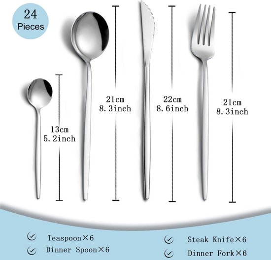 Bestekset, bestekset voor 6 personen, 24-delige bestekset, zilver ...