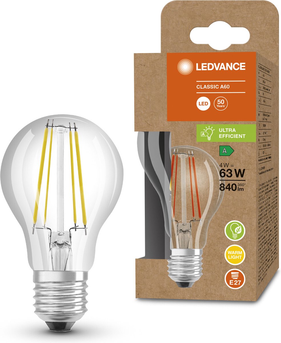 Ledvance Classic LED E27 Peer Filament Helder 4W 840lm - 830 Warm Wit | bol