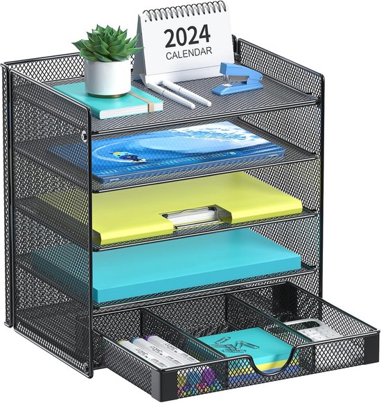 Bureau File Organizer met Schuiflade en 4 Tier Mesh Planken - Zwart | bol