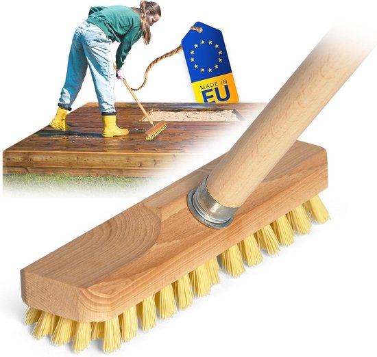 Schrobber met houten steel en borstels voor binnen en buitengebruik | bol