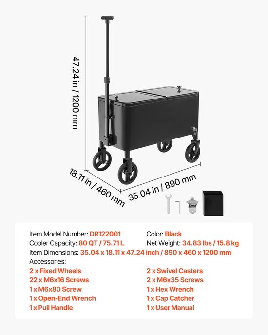 Drankkoeler/Koelbox op Wielen - Koelkar 75,7 L - Tot 50 Flessen/110 ...