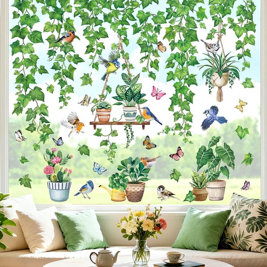 Hanging Vine Eucalyptus Leaf Window Clings - Groene Potplant - Vogel ...