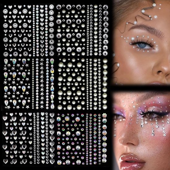 900 Zelfklevende Strass Steentjes voor Gezicht, Glitter, Carnaval Make ...