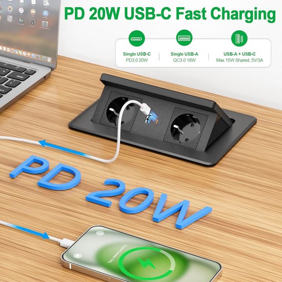 Inbouw Stopcontact Uitschuifbaar met USB-C PD, Draadloos Opladen en 2 ...