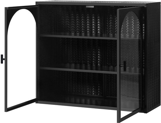 Merax Wandkast Zwart 70 cm – Metalen Wandkast met Glazen Deuren & 3 ...