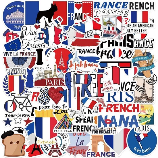 50x Franse Thema Stickers - Waterdichte Vinyl Stickers voor Bagage ...