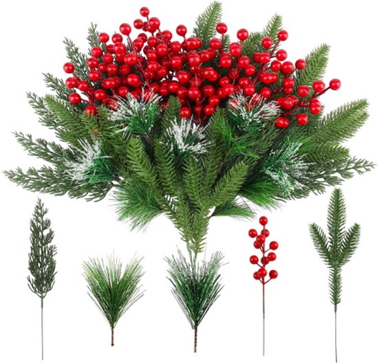 60 Kunstige Kersttakken - 5 Stijlen - Kunstmatige Rode Bessen - Nep ...