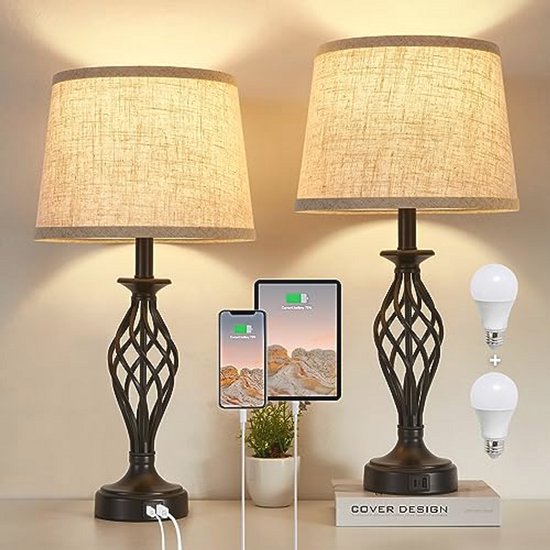 Moderne tafellampen set van 2 met USB oplaadpoorten voor slaapkamer en ...