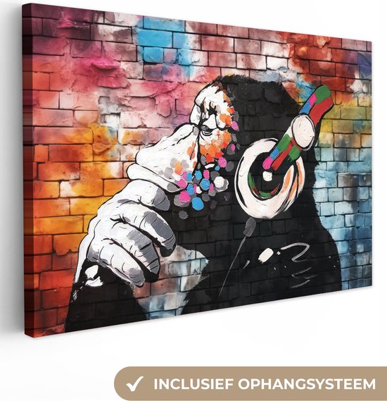 Canvas Schilderij 150x100 cm - Graffiti - Aap - Kleurrijk - Koptelefoon ...