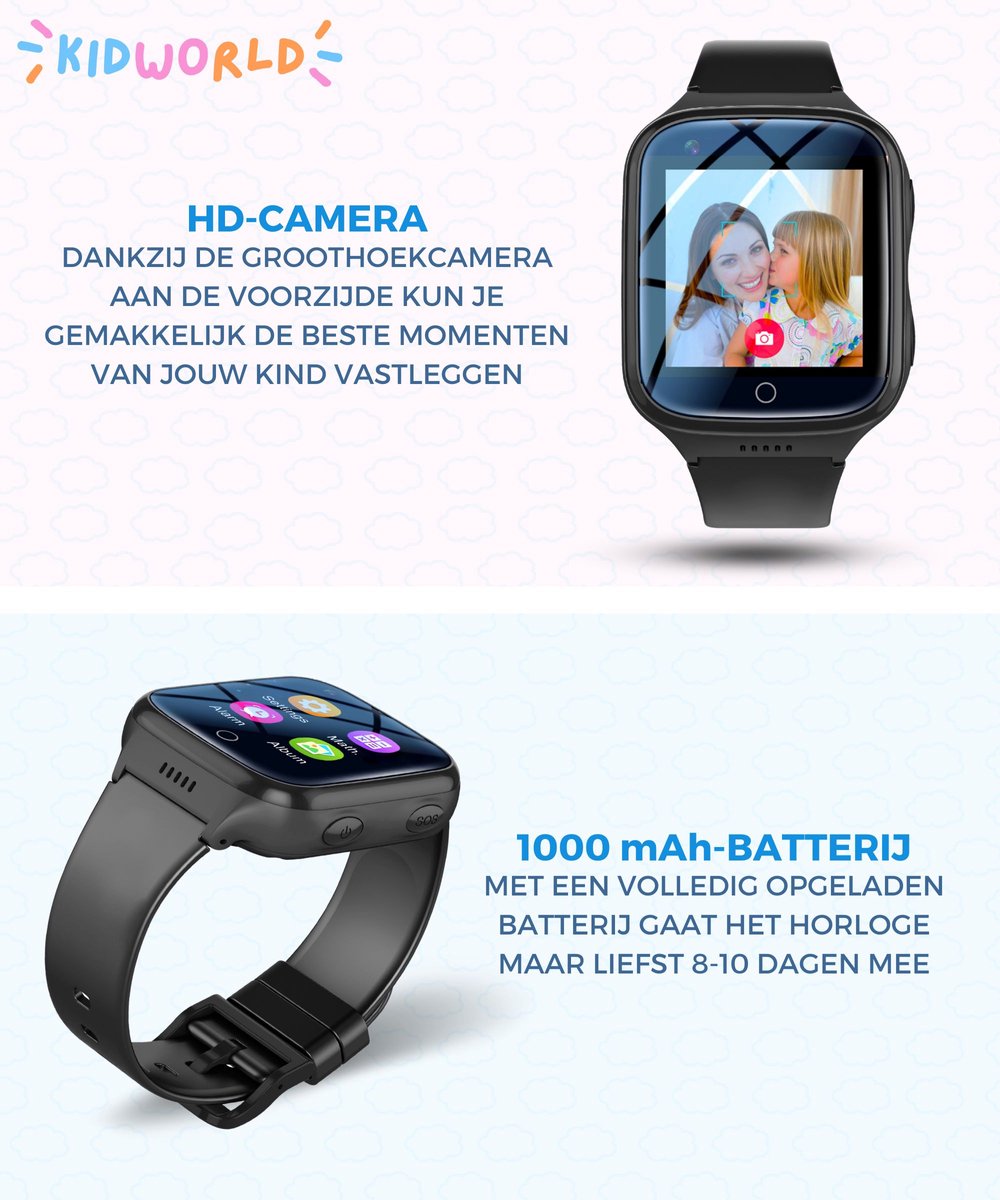 KidWorld Smartwatch Kinderen Zwart | Met HD-camera, GPS en 4G ...