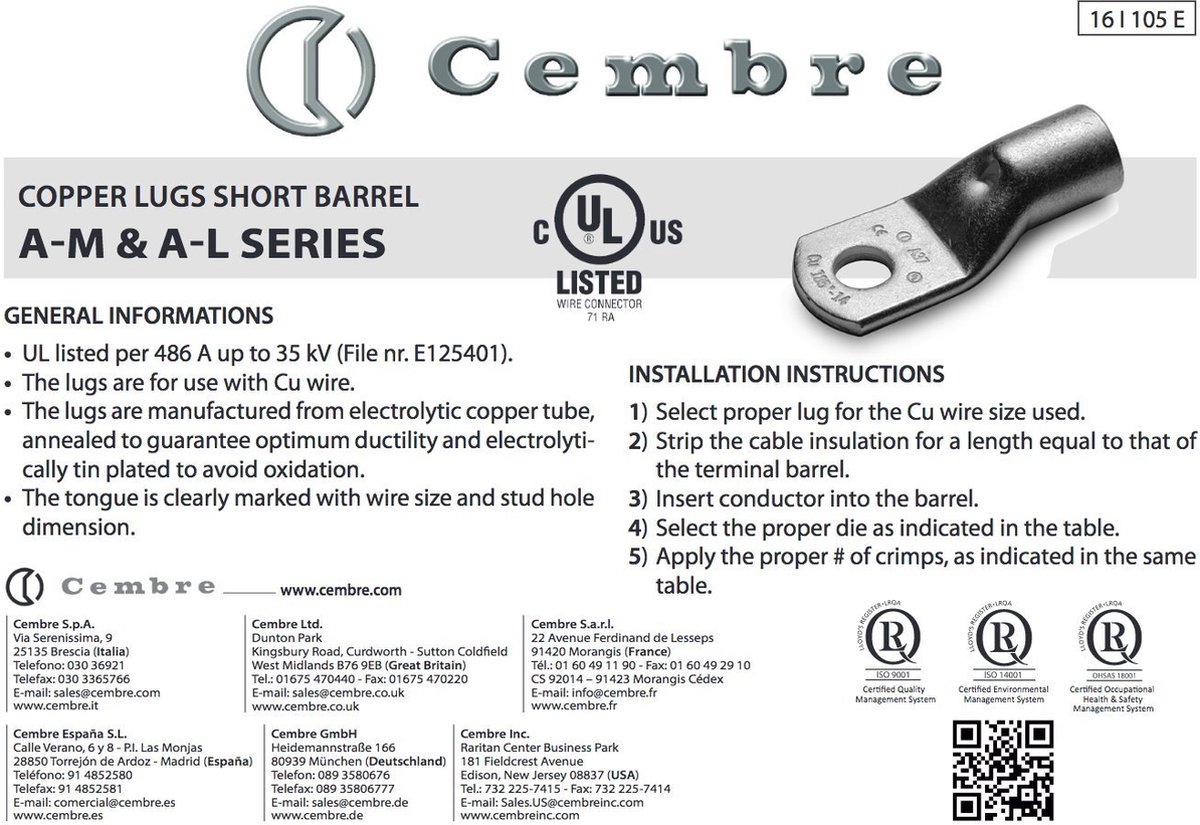 10 stuks Cembre A2-L8 buiskabelschoenen 90° haaks 10mm² M8 ongeïsoleerd ...