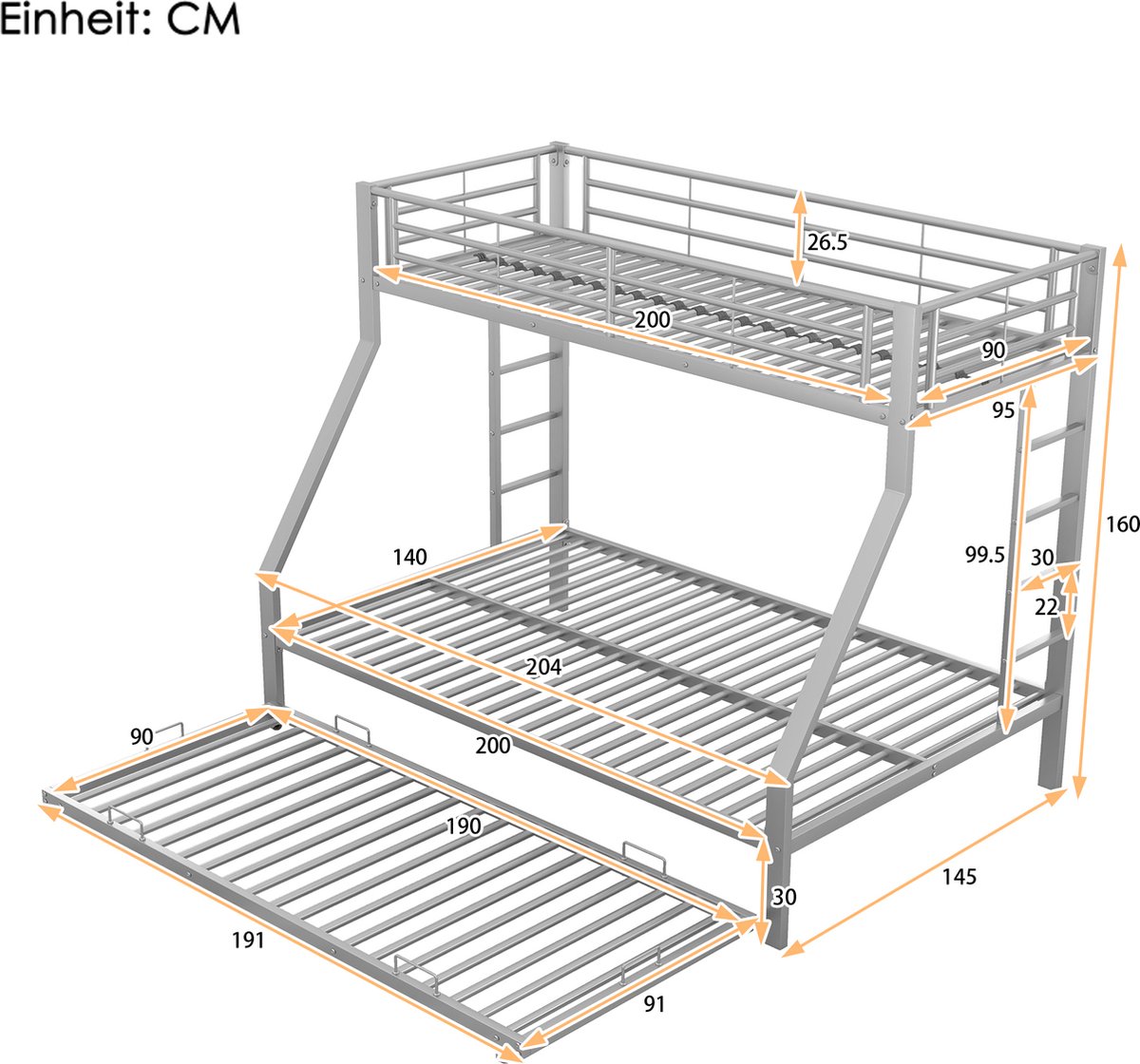 Merax Stapelbed voor 3 Personen - 3 Persoons Bed met Onderschuifbed ...