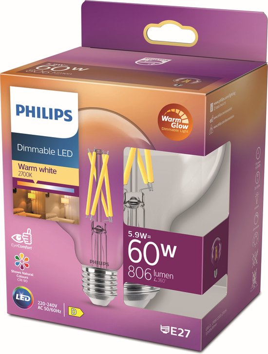 Philips LED Globe Transparant - 60 W - E27 - Dimbaar warmwit licht | bol
