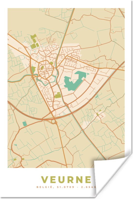 Poster Stadskaart - Kaart - Plattegrond - Vintage - Veurne - 20x30 cm | bol