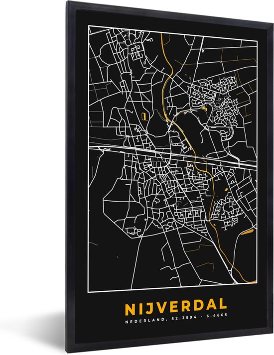 Fotolijst incl. Poster - Nijverdal - Black and Gold - Stadskaart ...
