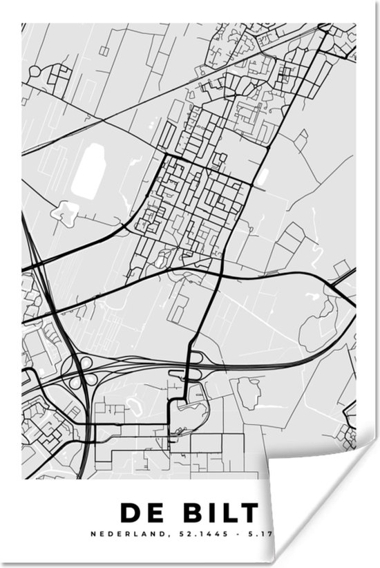 Poster De Bilt - Stadskaart - Zwart Wit - Kaart - Plattegrond ...