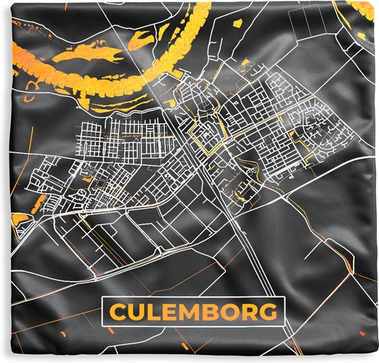 Kussenhoes 60x60 cm - Culemborg - Stadskaart - Black and Gold - Kaart ...