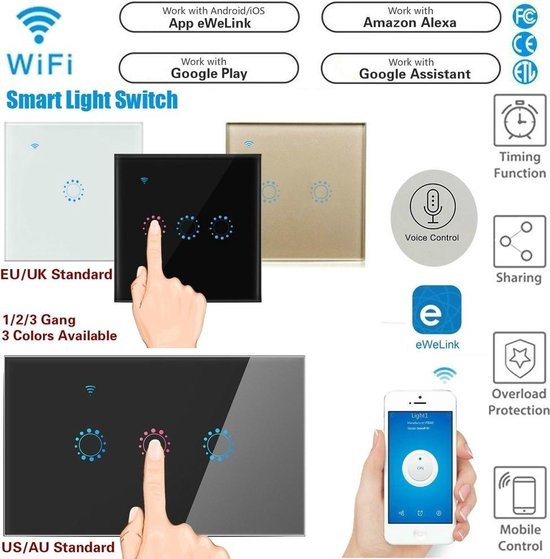 Smart Wifi Touch Light Switch - App / Spraakbesturing - Muuronderbreker ...