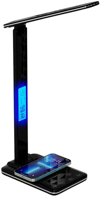 Moderne Dimbaar LED Bureaulamp met Draadloze Oplader – Wekker ...