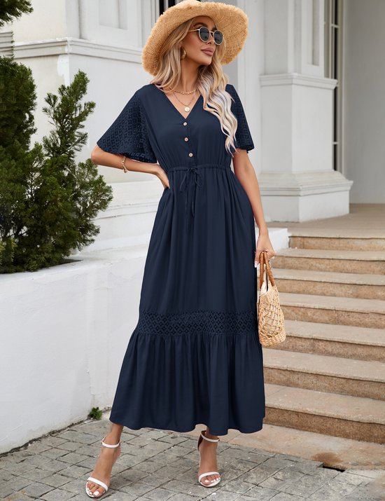 Zomerjurk Dames Maxi-jurk Korte Mouw Casual V-hals Boho Lange Jurk Donkerblauw L | bol
