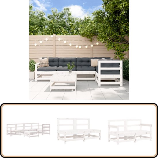 vidaXL Loungeset - 6-delig - Grenenhout - Wit Loungeset - Tuinlounge ...