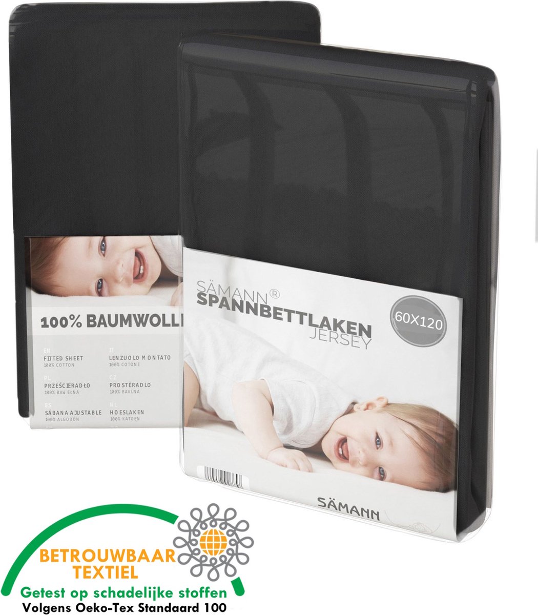 SÄMANN® Hoeslaken babymatras 60x120 Jersey katoen Zwart ...