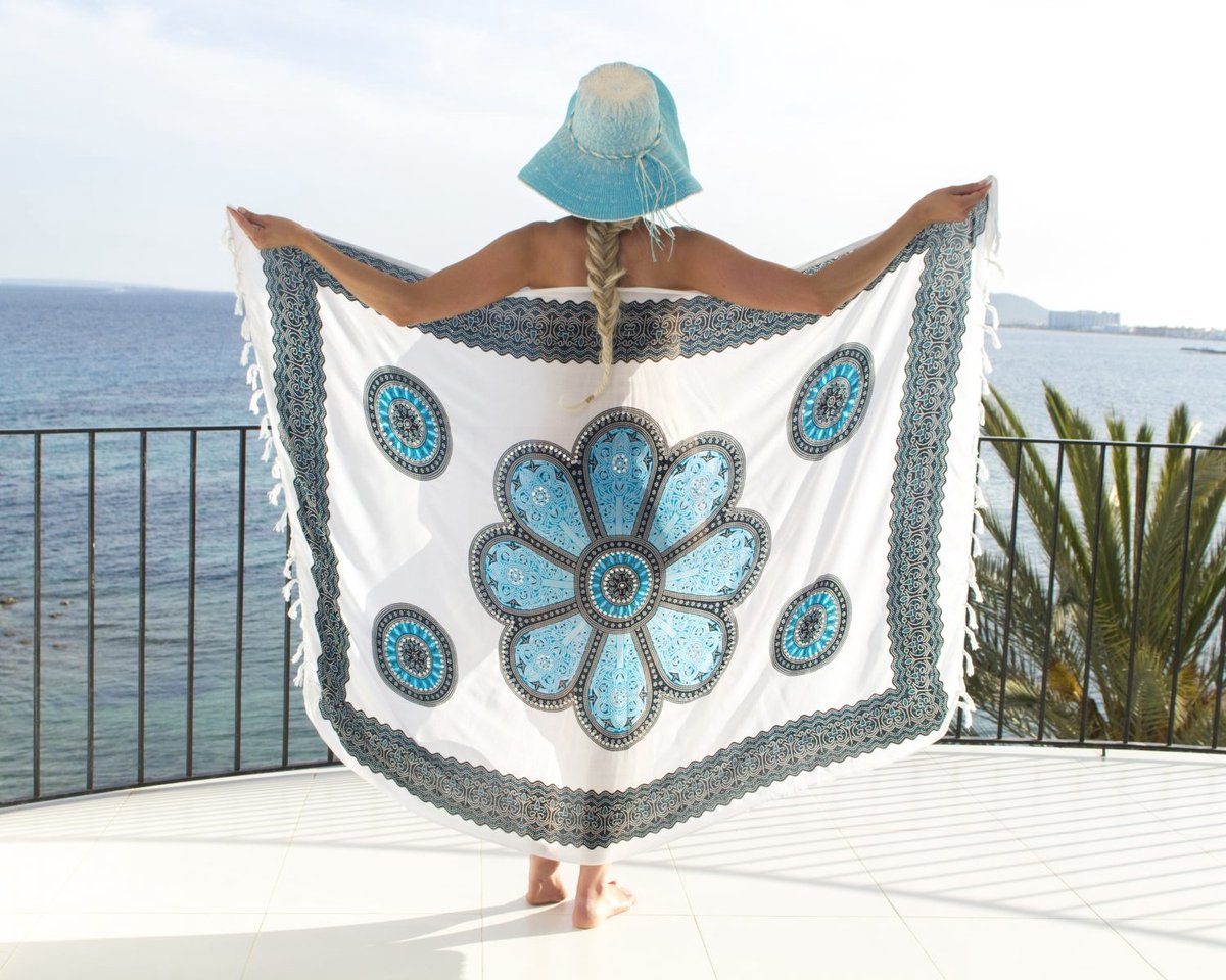 Pareo Flower White/aqua - Blue/black - Pareo beach - zomer pareo ...