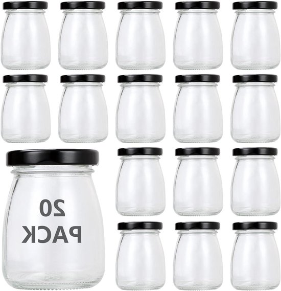 Kleine glazen potjes - Mini weckpotjes met zwart deksel - 100 ml - 20 ...
