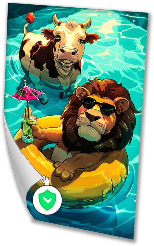 Leeuw en koe in zwembad - Dieren poster - Posters fauna - Digital Art ...