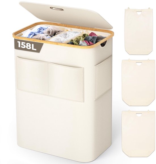 OUSFOT wasmand met deksel 3 vakken 158L wasmand opvouwbaar gemaakt van ...