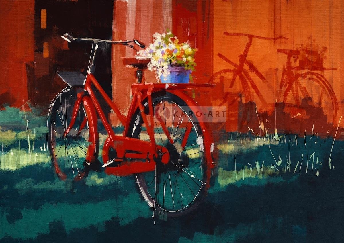 Schilderij - Rode fiets met bloemen (print van handgeschilderd ...