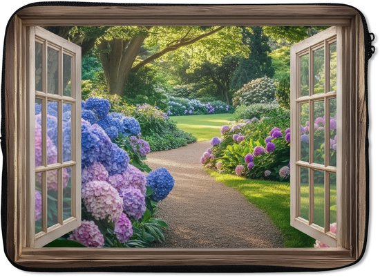 Laptophoes 14 inch - Doorkijk - Tuin - Raam - Hortensia - Bloemen ...