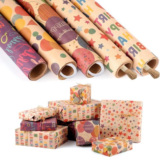 Birthday Wrapping Paper - 5 Rolls, 43cm x 3m Kraft Paper Gift Wrap for ...