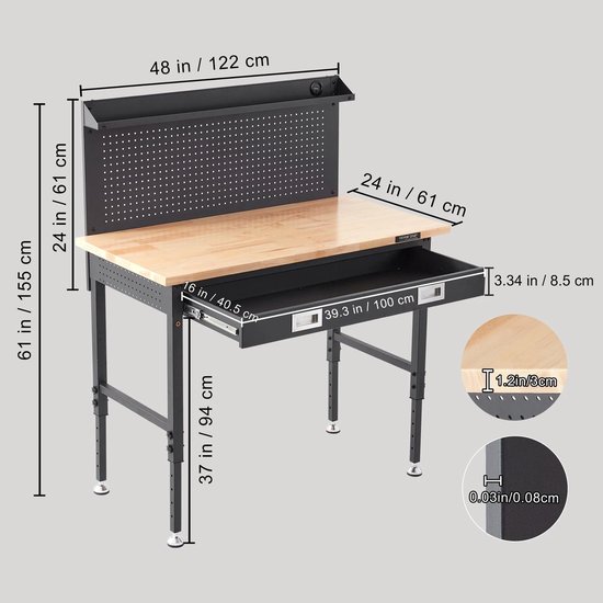 Verstelbare Werkbank 2000lbs - 48"x24" - Hoogte 71-100 cm - Inclusief ...