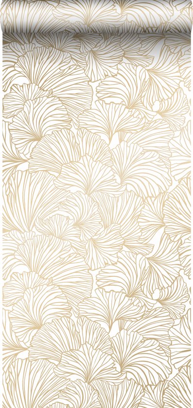ESTAhome behang ginkgo bladeren wit en goud - 53 cm x 10.05 m - 139614 ...
