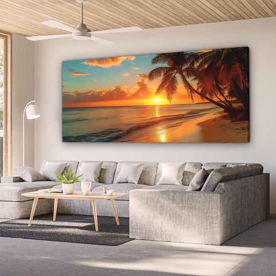 Canvas Schilderij 160x80 cm - Zonsondergang - Strand - Palmbomen - Zee - Zon -... | bol