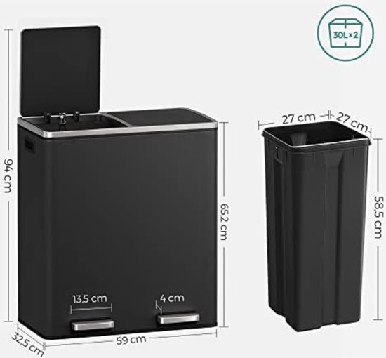 Afvalbak 60 Liter - Pedaalemmer 60 Liter - Afvalemmer 60 Liter - Zwart ...