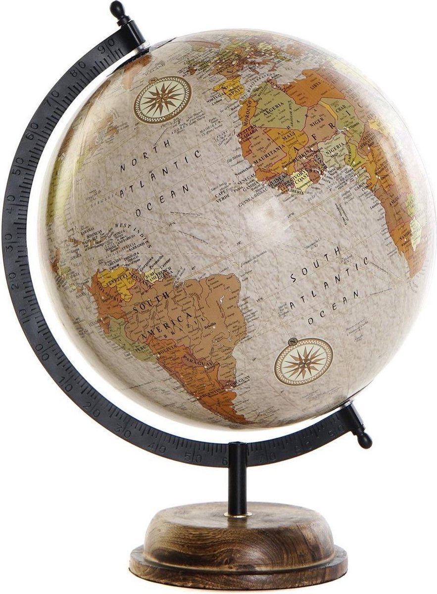 Decoratie wereldbol/globe beige op houten voet/standaard 28 x 37 cm ...